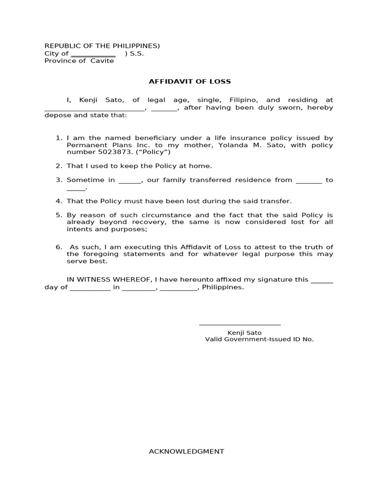 Affidavit of Loss - Insurance Policy | PDF