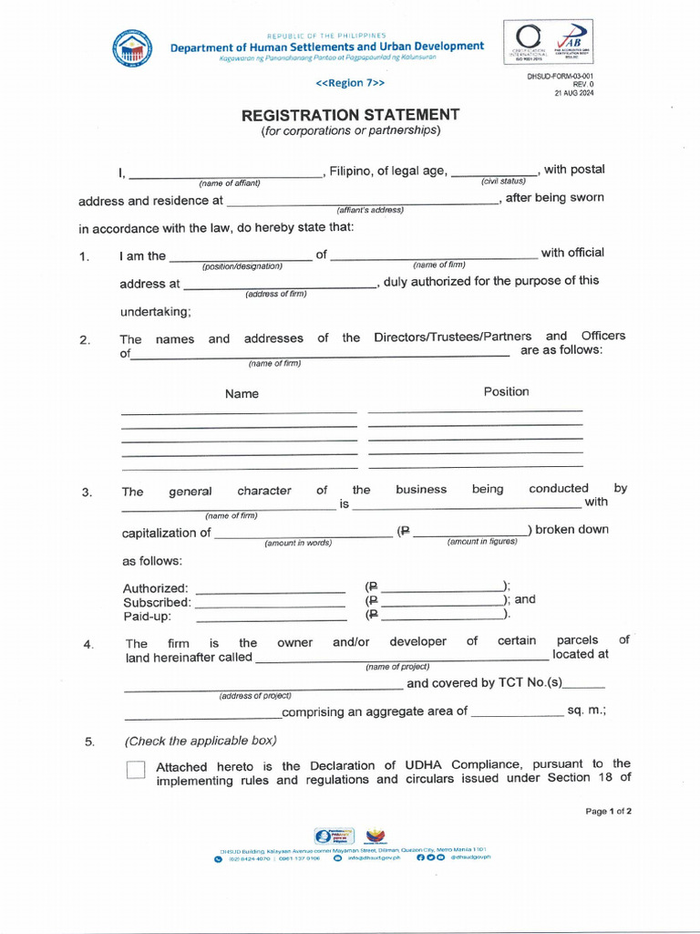 DHSUD - Registration Statement - BOHOL | PDF
