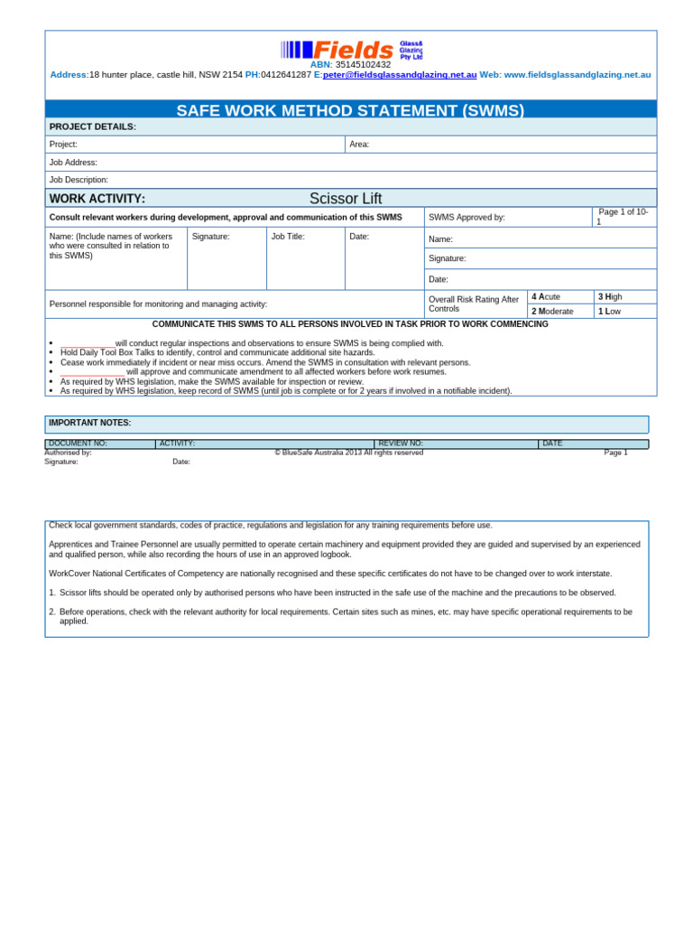 WHS 2016 Scissor Lift SWMS | PDF | Personal Protective Equipment | Risk