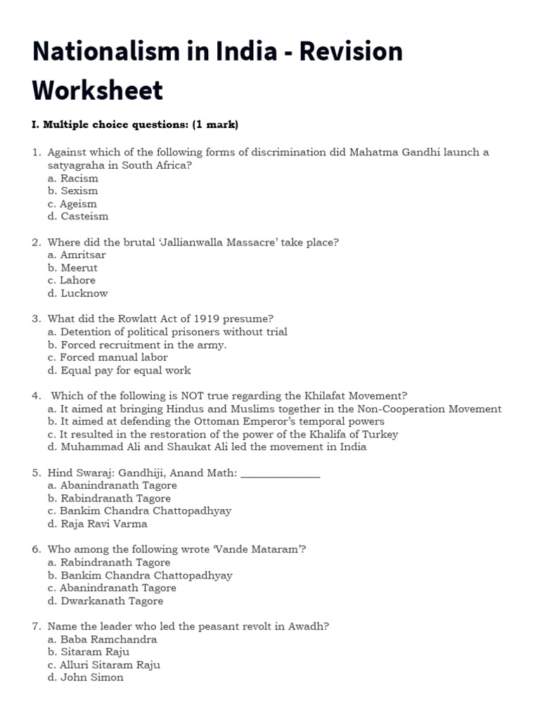 Nationalism in India - Revision Worksheet1 | PDF | Mahatma Gandhi ...