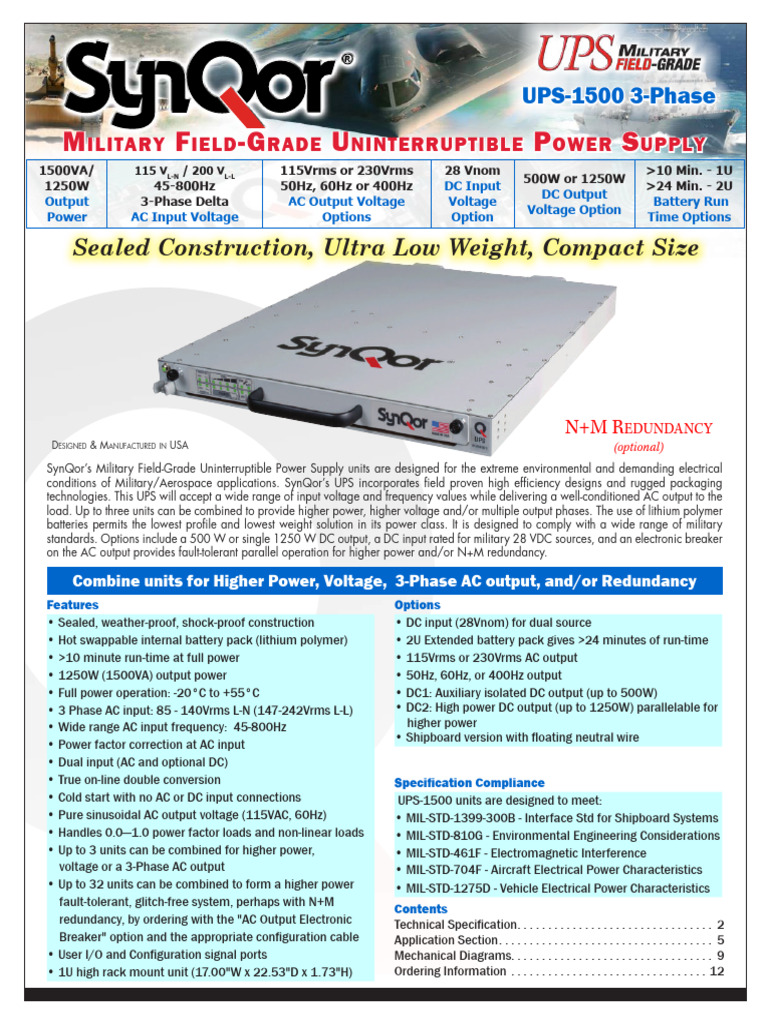 UPS 1500 3 Phase Input Military Grade UPS Datasheet | PDF | Alternating Current | Hertz