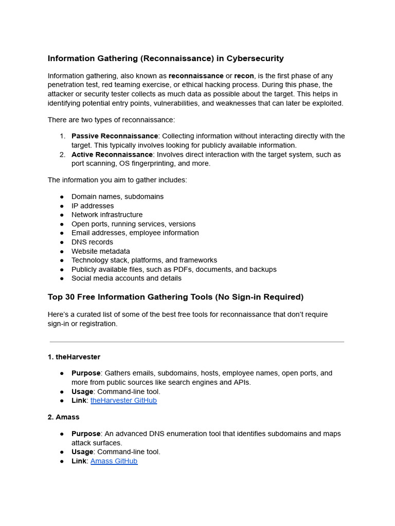 Information Gathering (Reconnaissance) in Cybersecurity | PDF | World ...