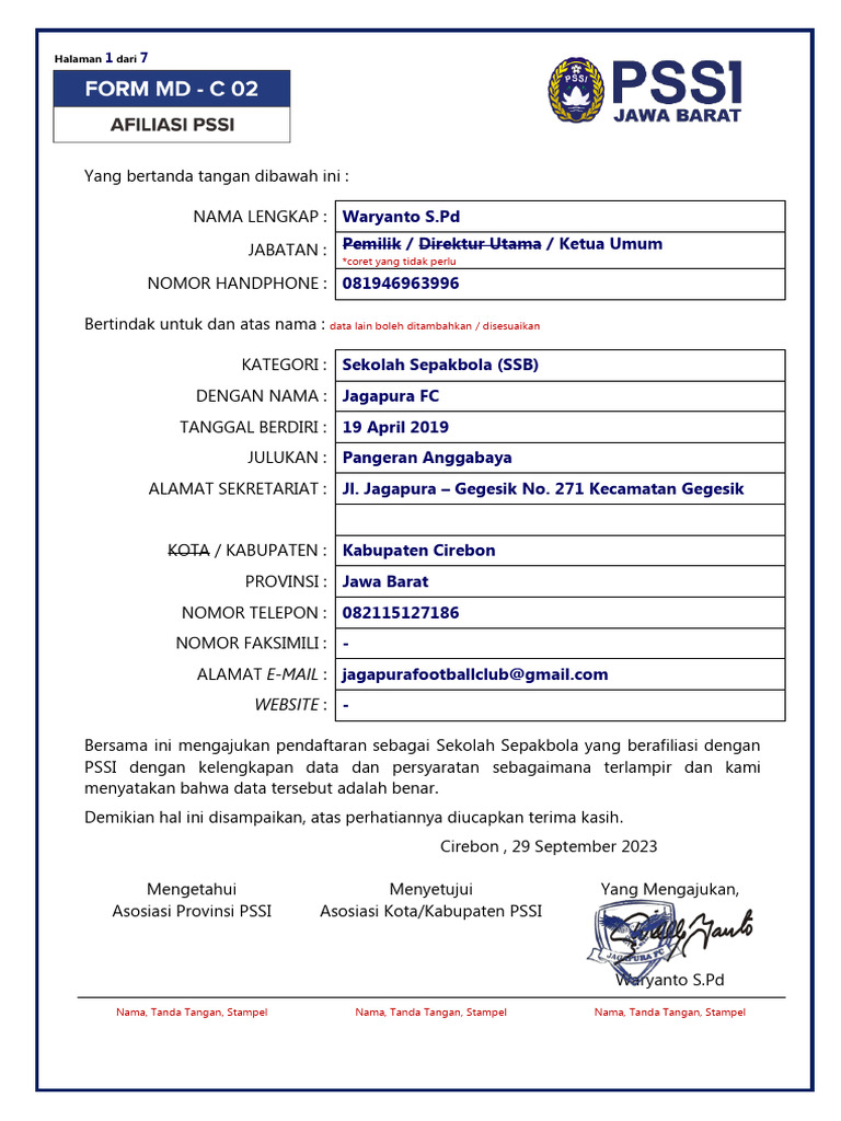 Form Afiliasi PSSI - Jagapura FC | PDF