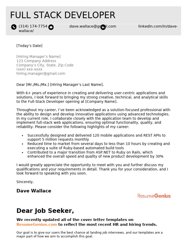 Full Stack Developer Cover Letter Example | PDF | Résumé | Software ...