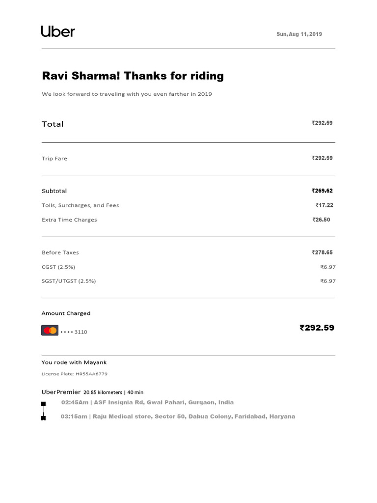 Uber Trip Invoice Summary - Aug 2019 | PDF