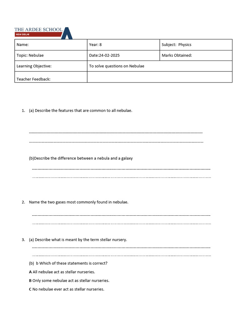 Nebulae Worksheet | PDF