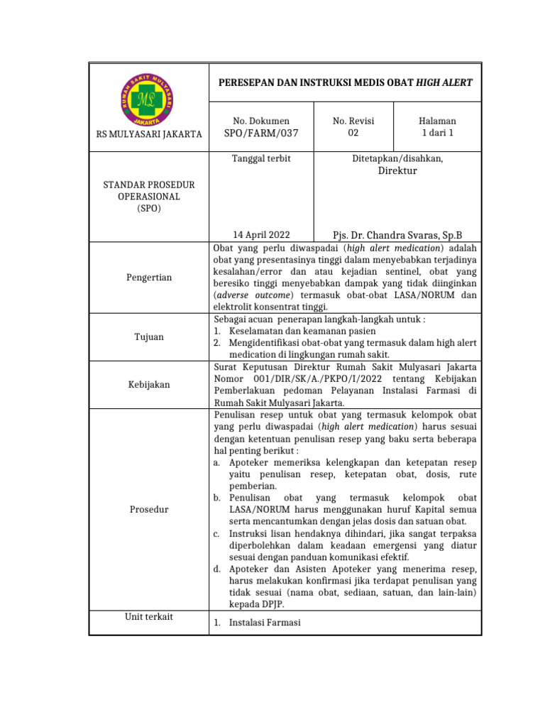 037 SPO PERESEPAN DAN INSTRUKSI MEDIS OBAT HIGH ALERT | PDF
