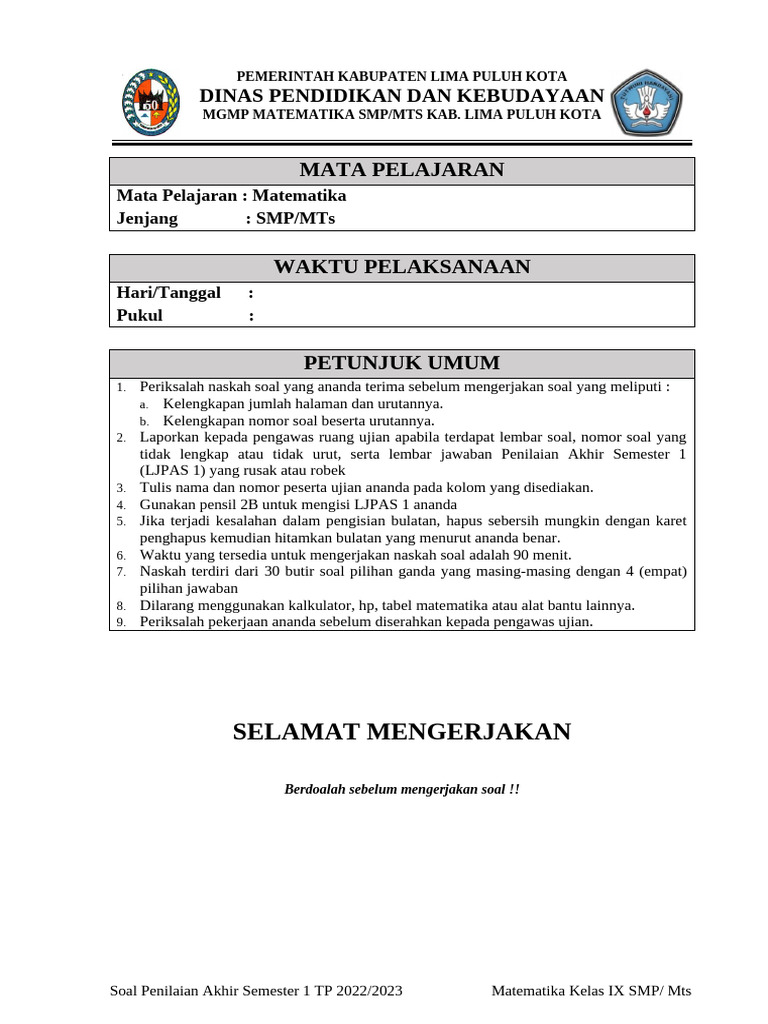 Soal Pas 1 KLS Ix TP 2022-2023 | PDF