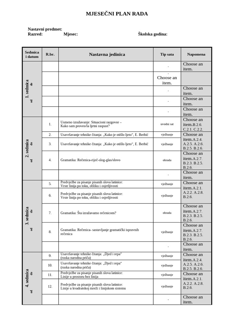 Mjesecni Plan Rada Za Septembar 2023. Model | PDF