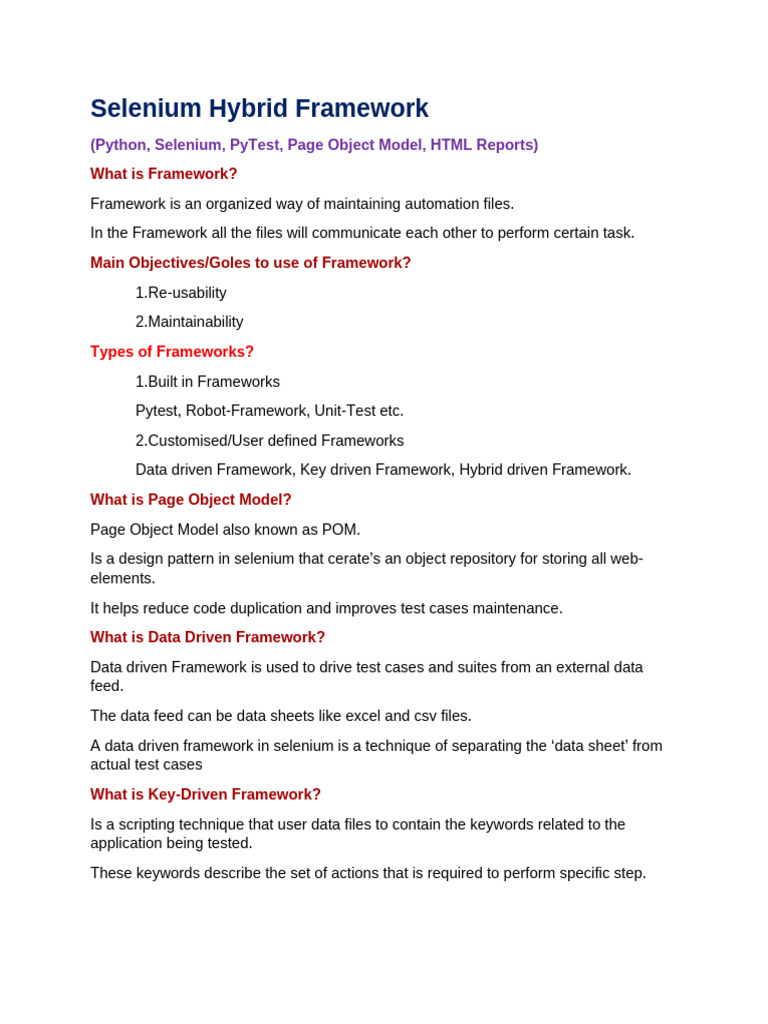 Selenium Hybrid Framework Notes Pdf Selenium Software Microsoft Excel