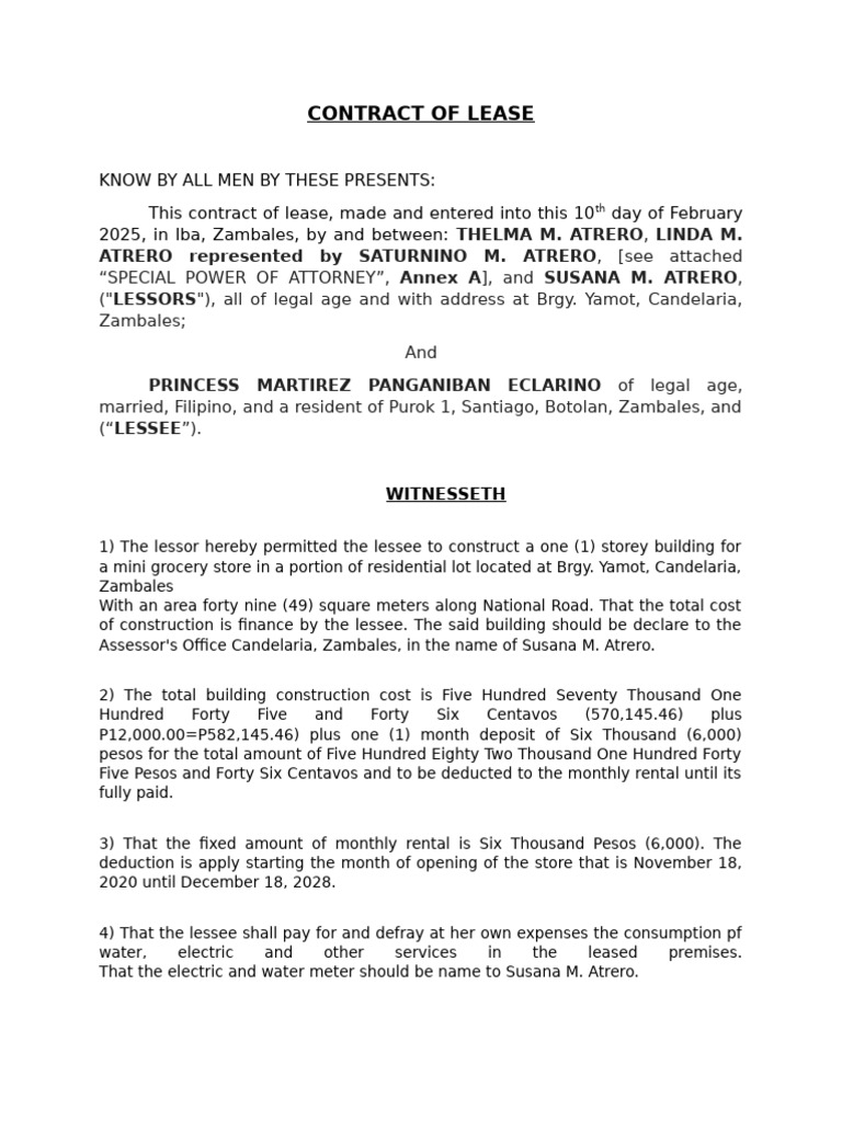 CONTRACT OF LEASE DR Princess 2 6 2025 | PDF | Lease | Law Of Obligations
