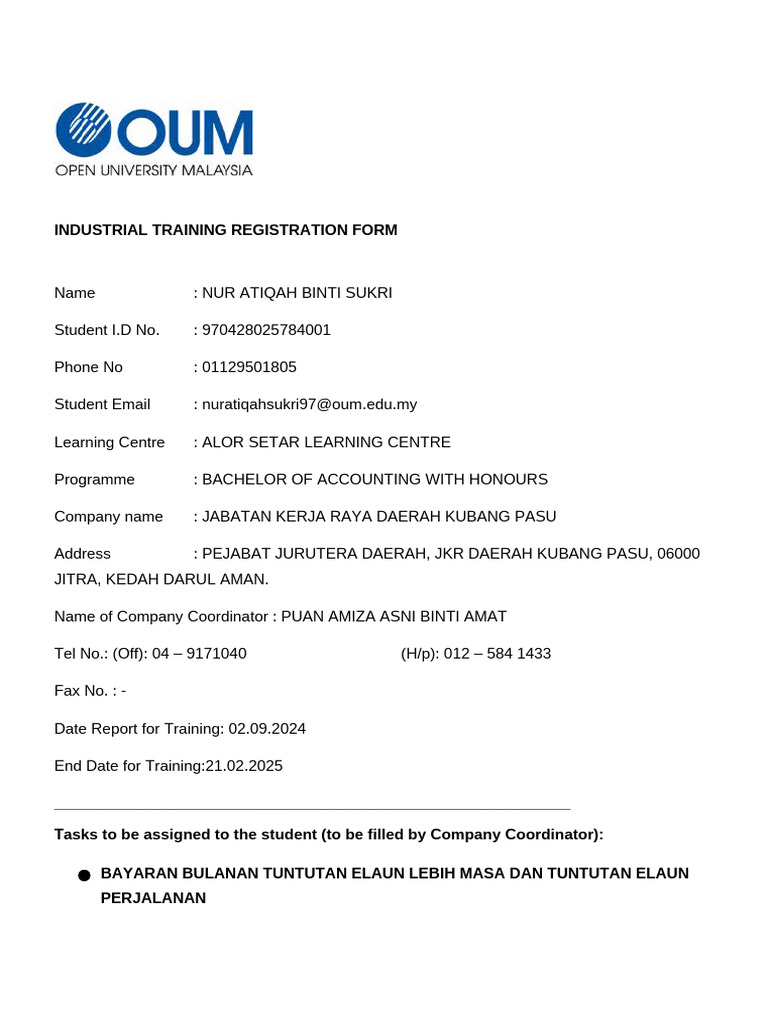 Industrial Training Registration: JKR Kubang Pasu | PDF