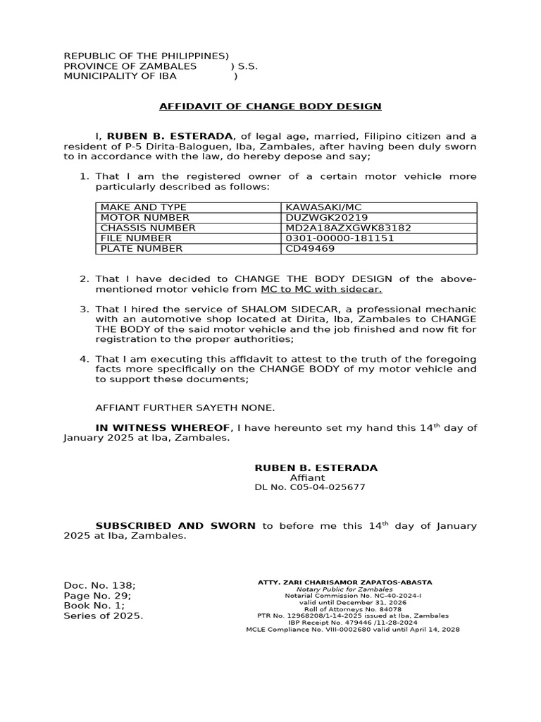 Affidavit of Change Body Design | PDF