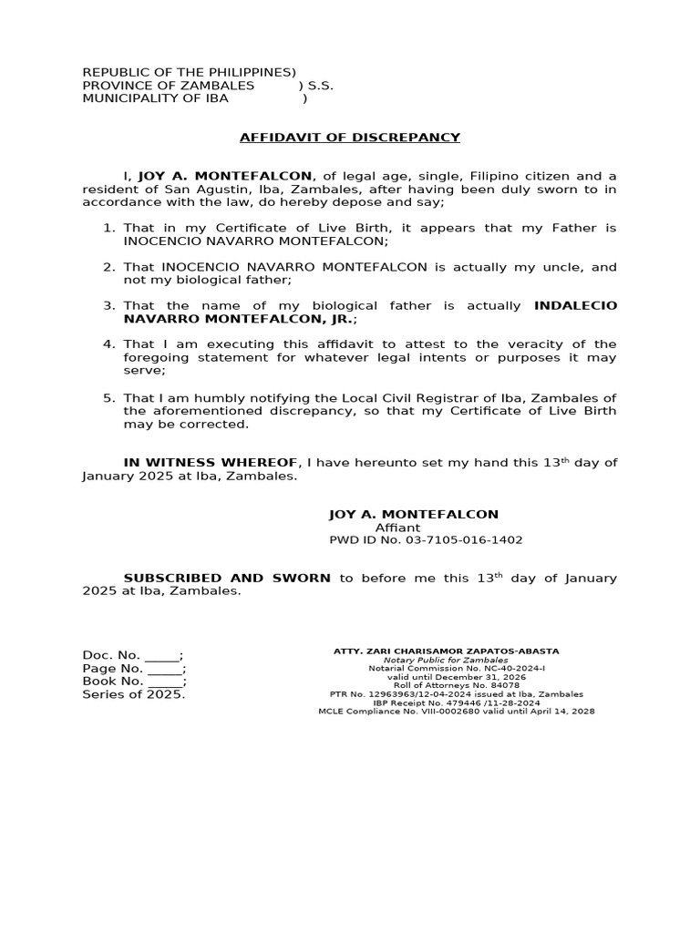affidavit of discrepancy joy montefalcon | PDF