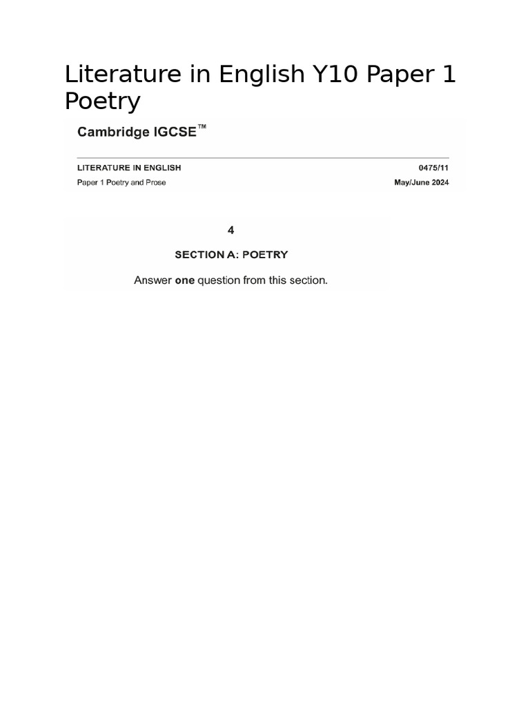 Literature in English Y10 Paper 1 Poetry | PDF