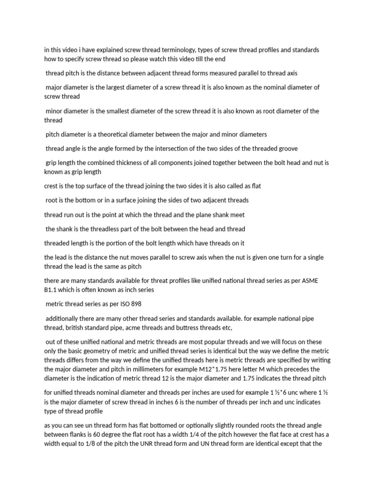 Types of Screw Threads and Screw Thread Specification Explained | PDF ...