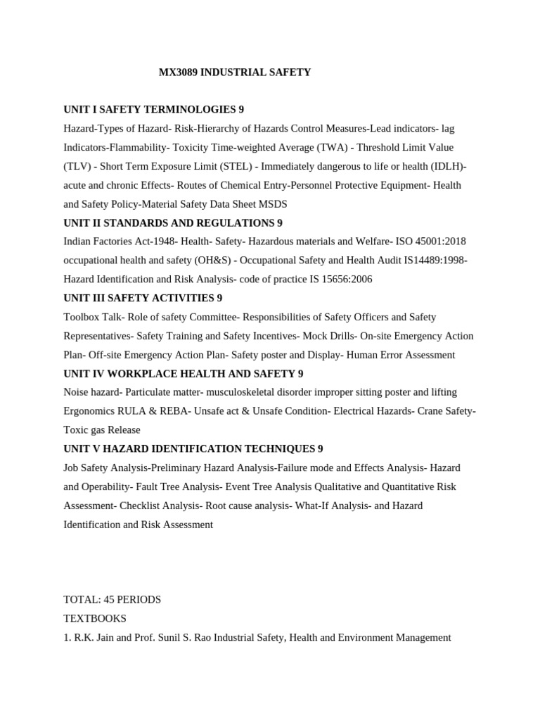 MX3089 INDUSTRIAL SAFETY Syllabus | PDF | Occupational Safety And ...