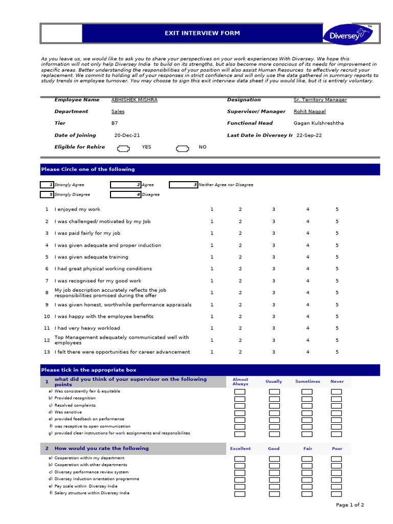 Exit Interview Format (Div) | PDF | Performance Appraisal | Employee ...