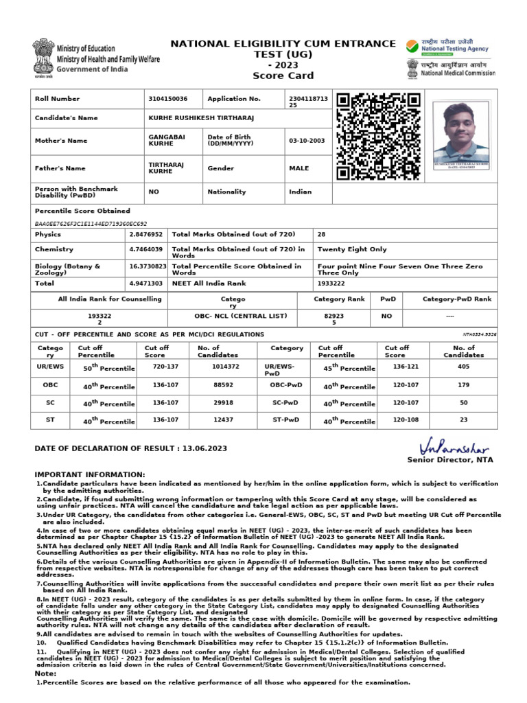 neet result | PDF | Tests | Student Assessment And Evaluation