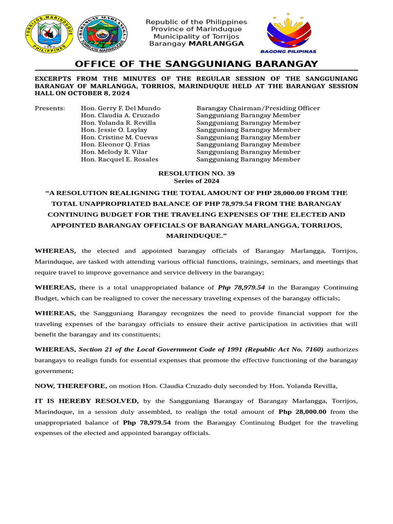 Marlangga Barangay Fund Realignment Resolution | PDF