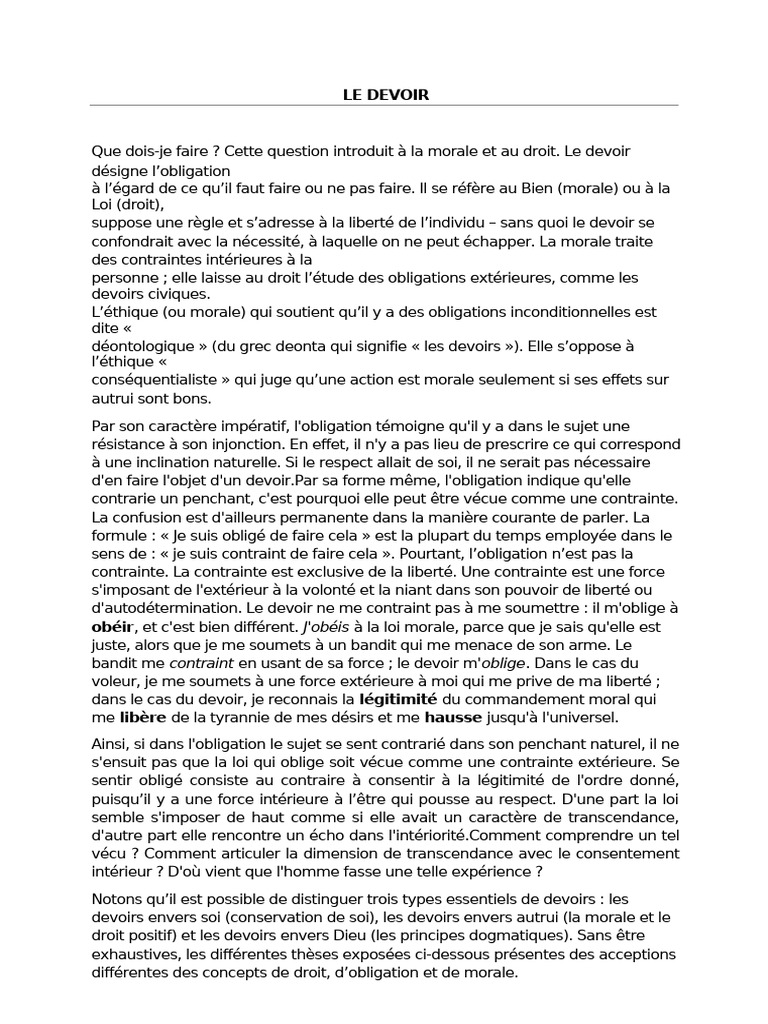 Le Devoir selon Kant et ses enjeux | PDF | Emmanuel Kant | Moralité