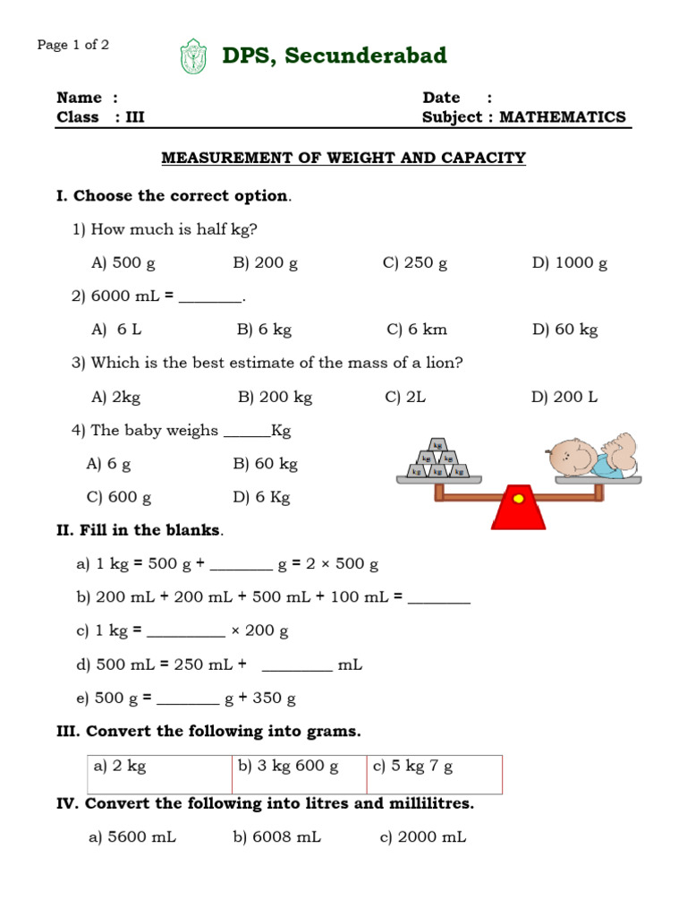 Weight and Capacity Measurement Quiz | PDF | Litre | Cakes