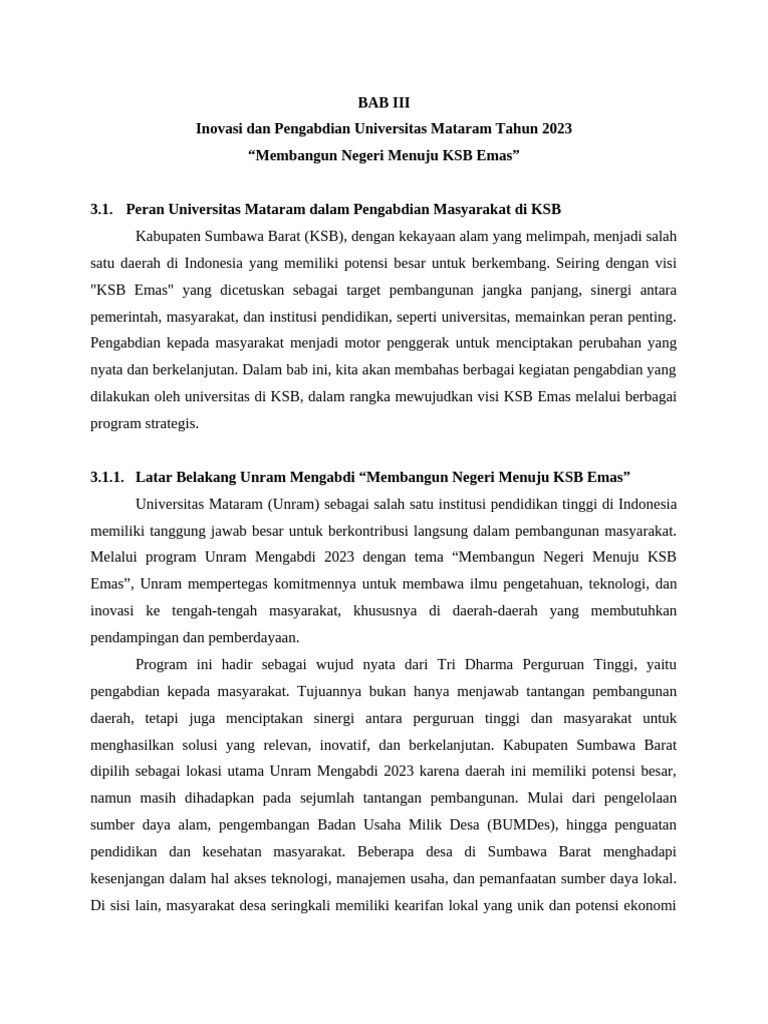 Draft non final Buku Unram mengabdi Bab Inovasi dan Pengabdian Universitas Mataram untuk KSB ...