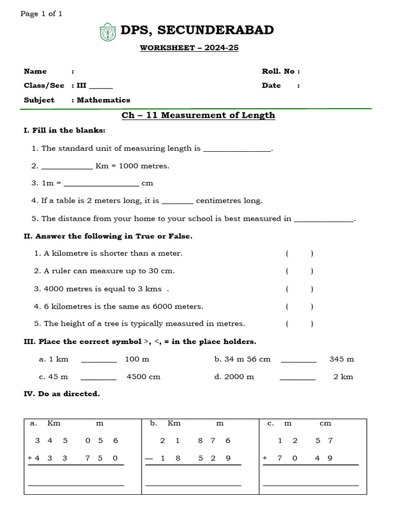 Class 3 - CH - 11 - Measurement - of - Length - Worksheet | PDF | Metre ...