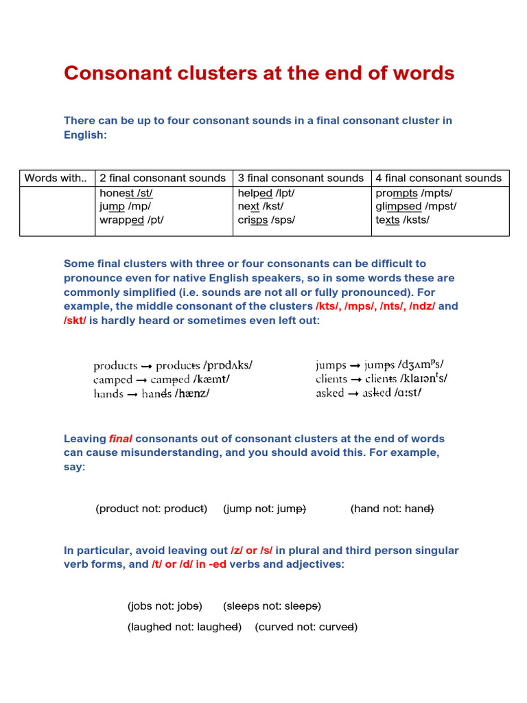 Final Consonant Clusters Explained | PDF
