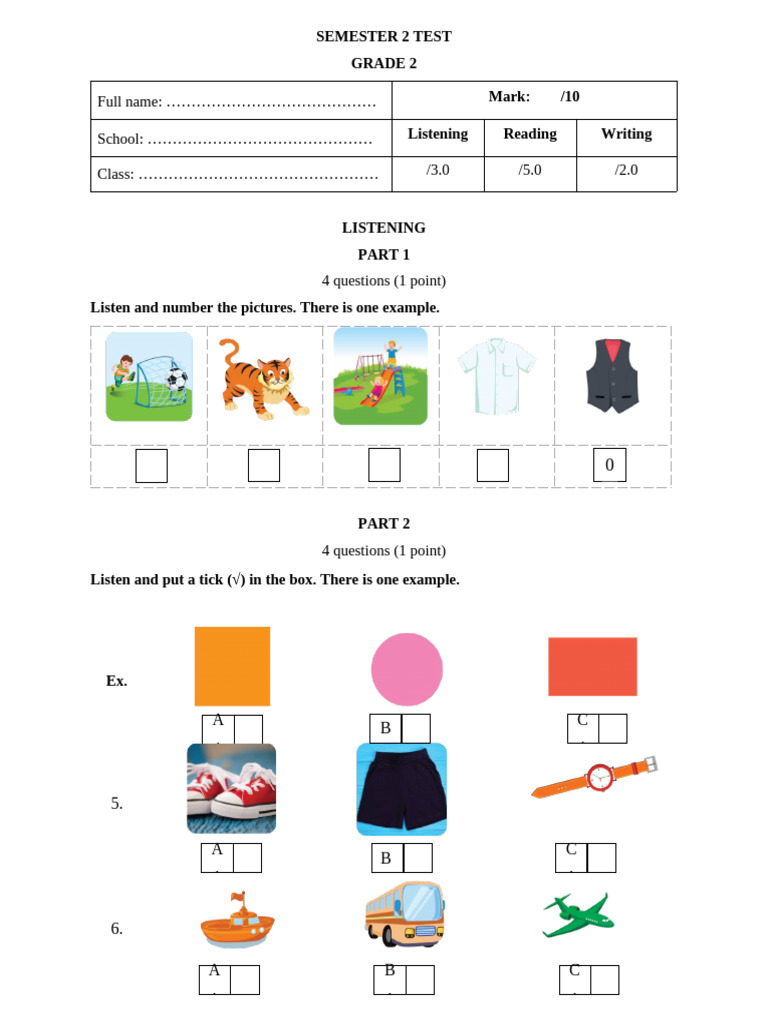 Grade 2 Semester 2 Test Template | PDF