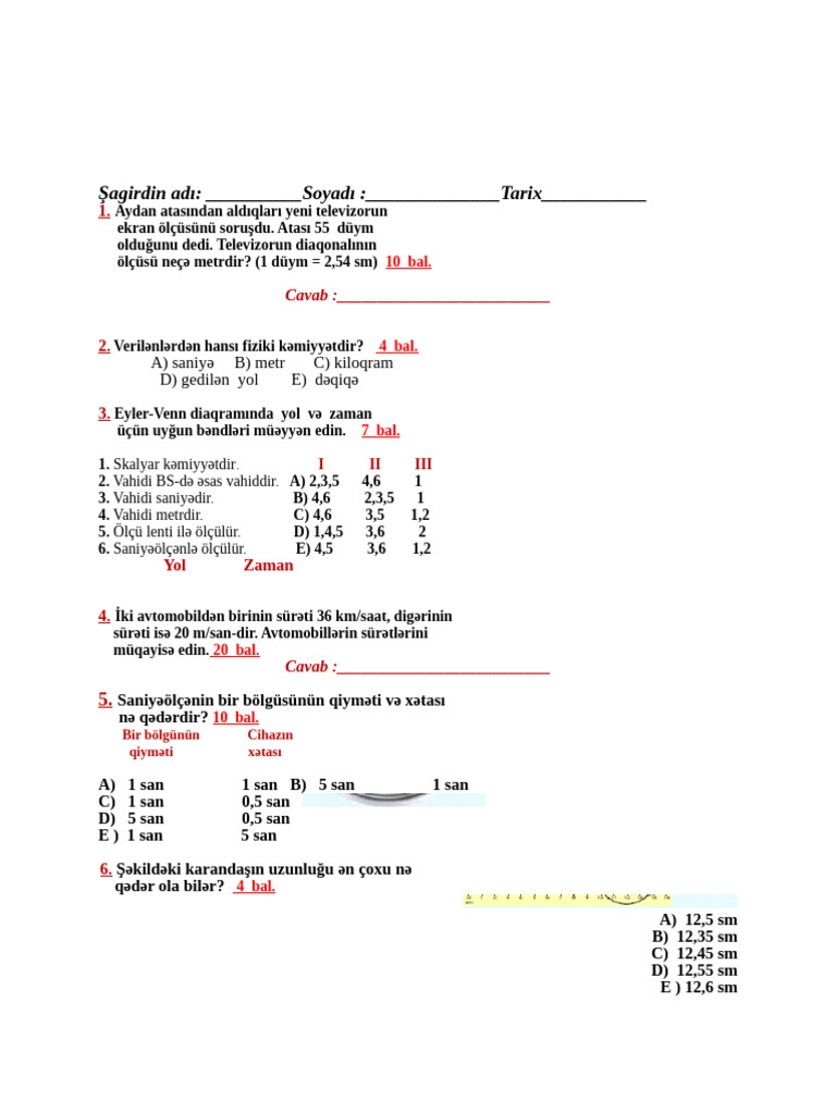 VII sinif Fizika KSQ - 1. 2024 | PDF