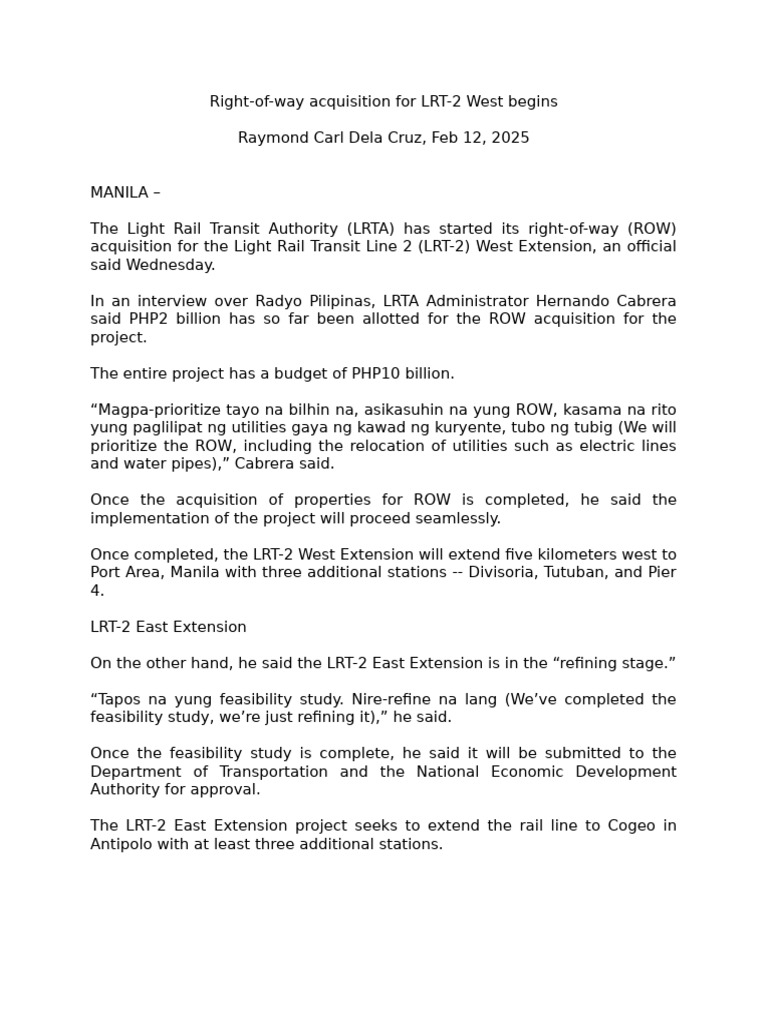 LRT-2 West Extension ROW Acquisition Begins | PDF