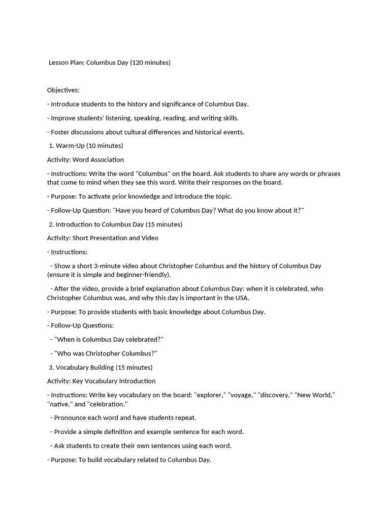Columbus Day Lesson Plan Overview | PDF | Reading Comprehension ...
