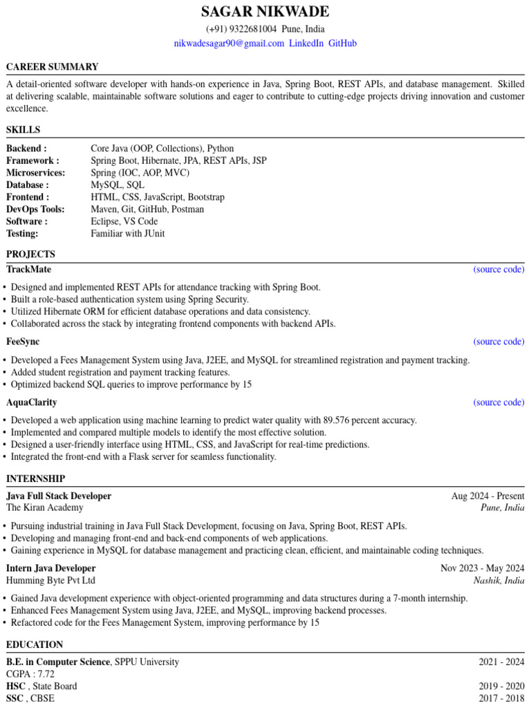 SagarResumeUpdated 9322681004 | PDF | Java (Programming Language) | Databases