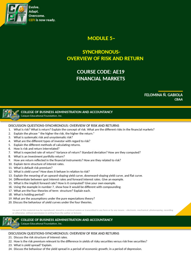 MODULE 5 AE19-Overview of Risks & Ret. | PDF | Yield Curve | Variance