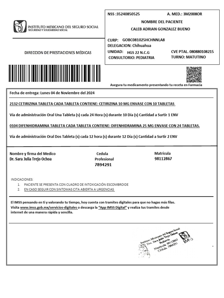 Receta Médica: Tratamiento Intoxicación Escombroides | PDF