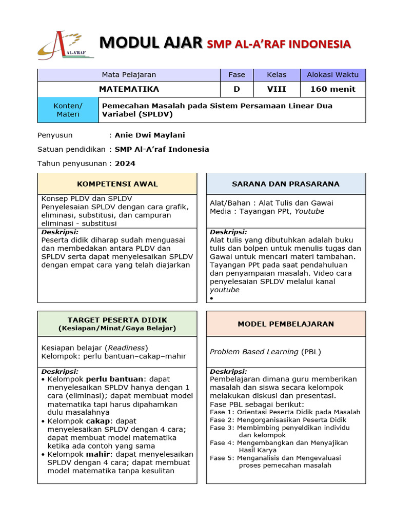 Modul Ajar MTK Kls 8 (SPLDV) | PDF