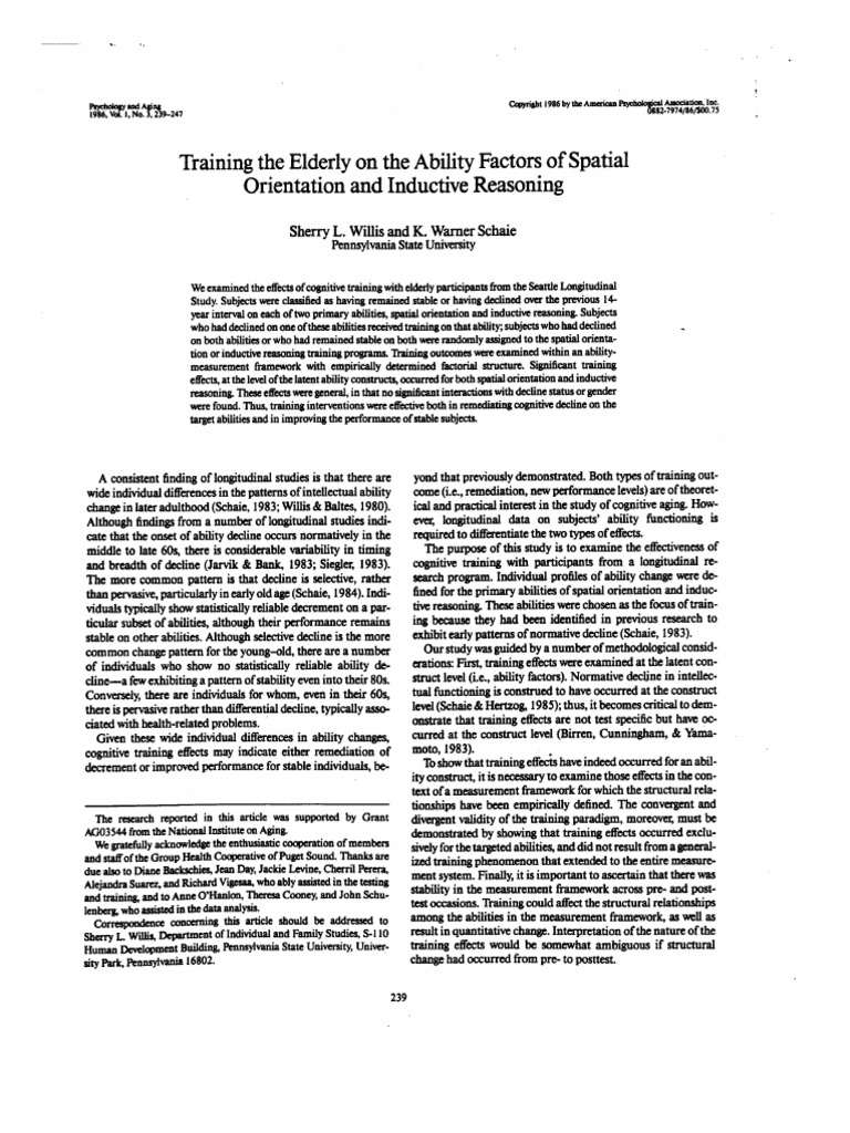 Training the elderly on the ability factors of spatial orientation and inductive reasoning. | PDF
