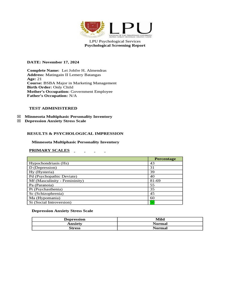 MKTM4B ALMENDRAS Psychological Screening Report5 | PDF