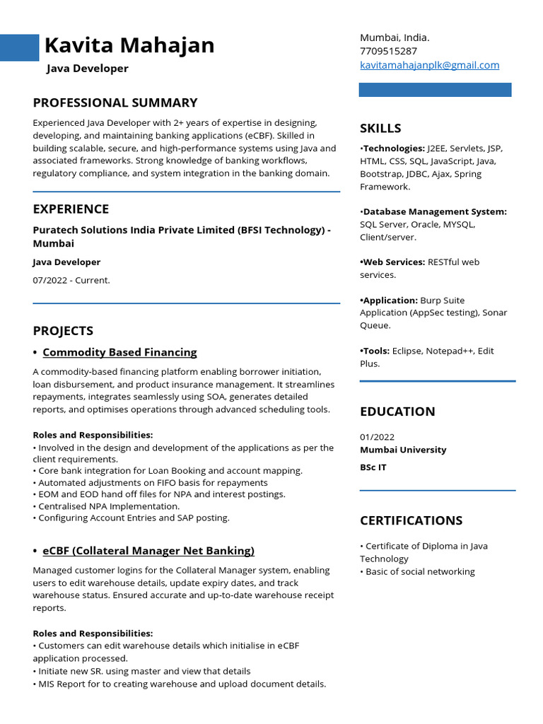 Kavita Resume Updated | PDF | Java (Programming Language) | Computing