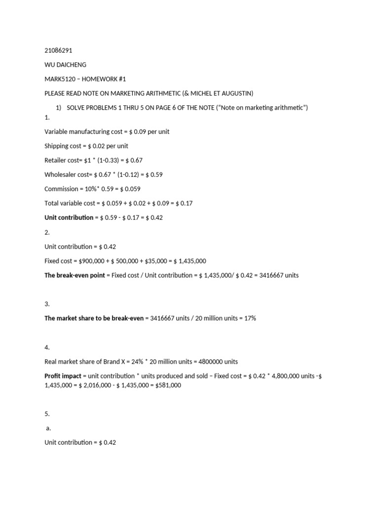 Homework Marketing Arithmetic - Spring 2024 25 1 | PDF | Profit ...