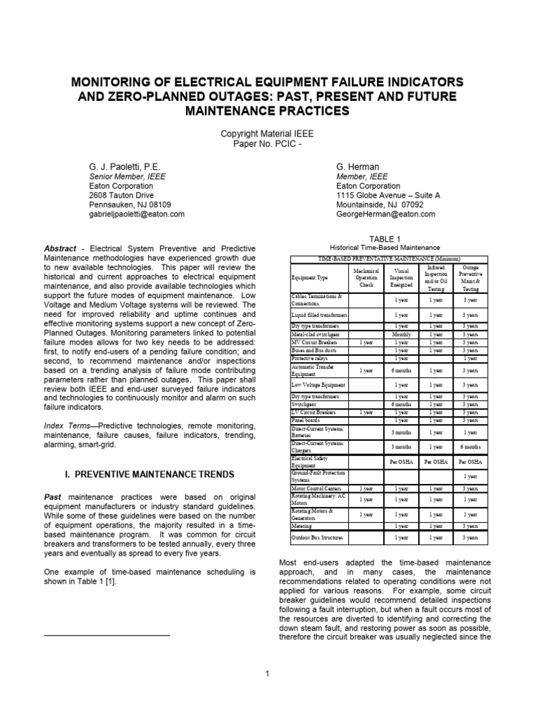 Monitoring of Electrical Equipment Failure Indicators and Zero-Planned Outages Past Present and ...