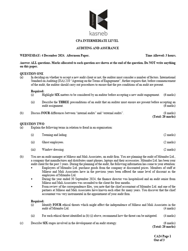 Auditing Assurance 2015 Dec 2024 Past Papers | PDF | Audit | Internal Audit