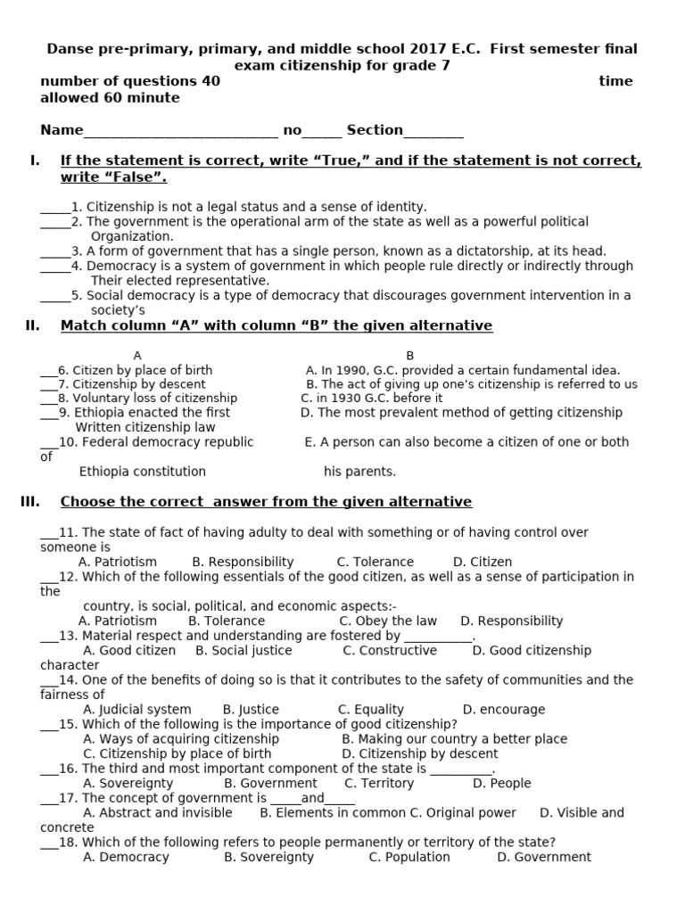 Grade 7 Citizenship Exam Questions | PDF | Democracy | Political Ideologies