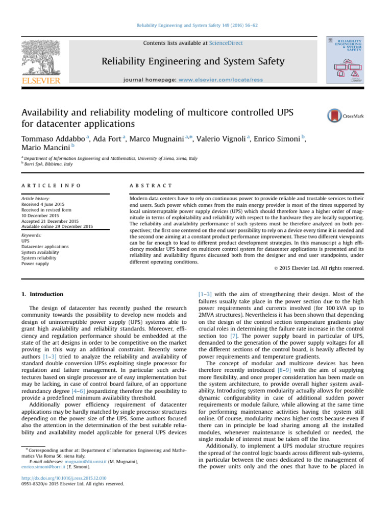 Availability and Reliability Modeling of Multicore Controlled UPS For Datacenter Applications ...