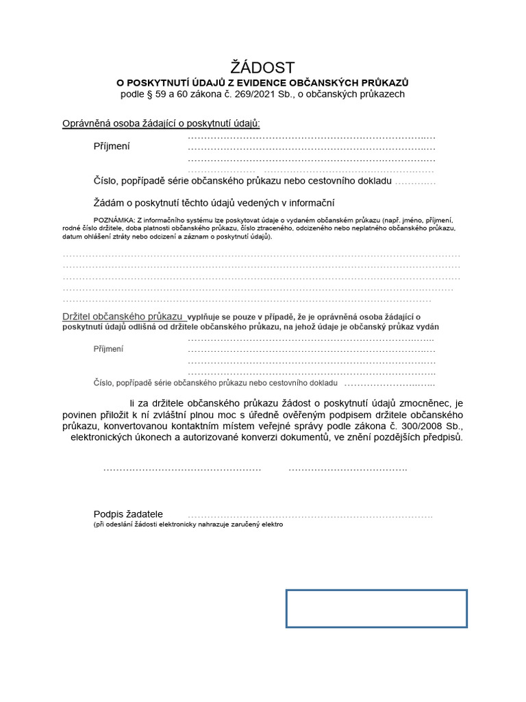 Zadost o Poskytnuti Udaju Z Evidence Obcanskych Prukazu - 20210728 | PDF