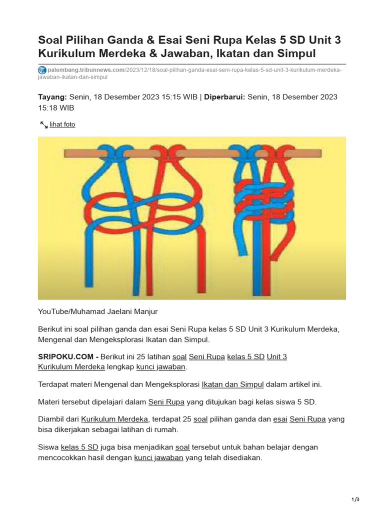 palembang.tribunnews.com-Soal Pilihan Ganda Esai Seni Rupa Kelas 5 SD Unit 3 Kurikulum Merdeka ...