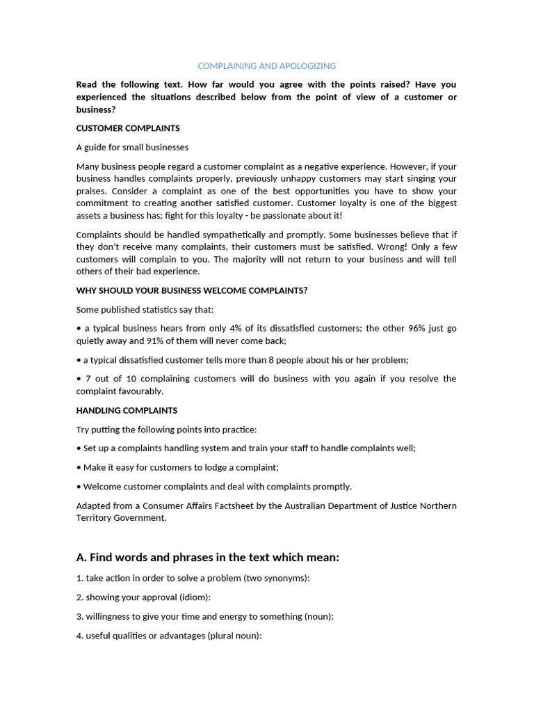 COMPLAINING AND APOLOGIZING Exercises | PDF | Adverb | Linguistic Morphology