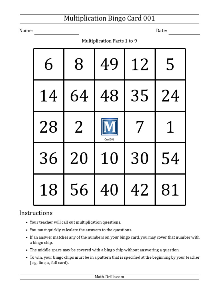 multiplication_bingo_facts_1to9_001.1533568985 | PDF | Games Of Chance ...