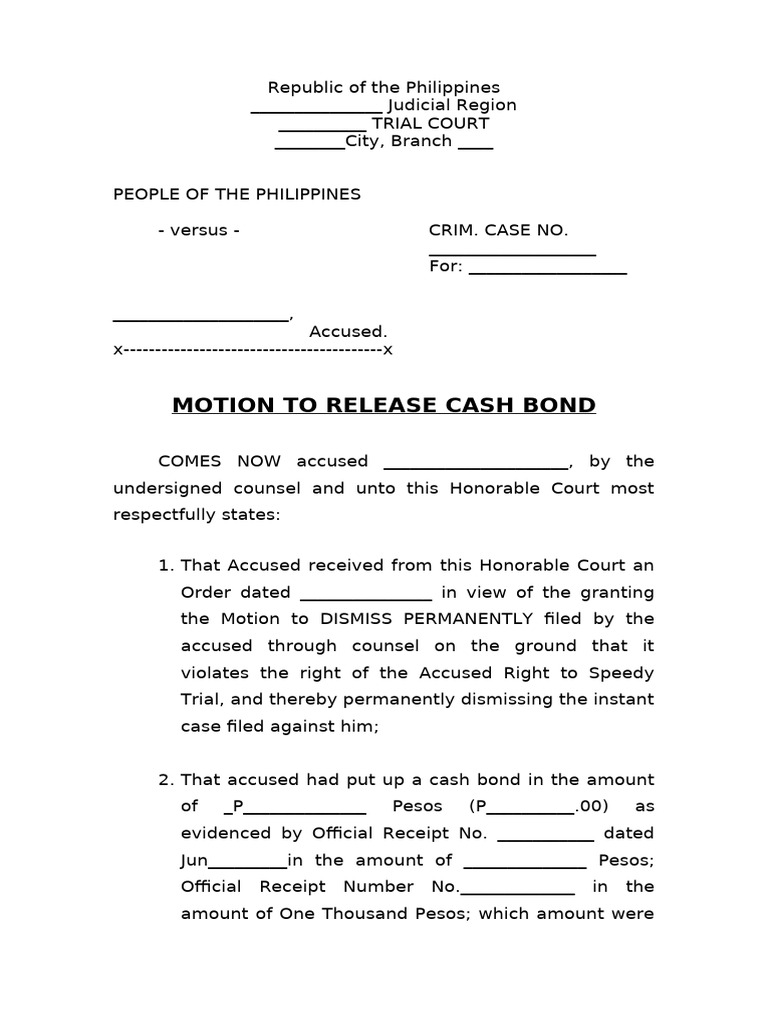 Motion to Release Cash Bond in Philippines | PDF | Common Law | Government